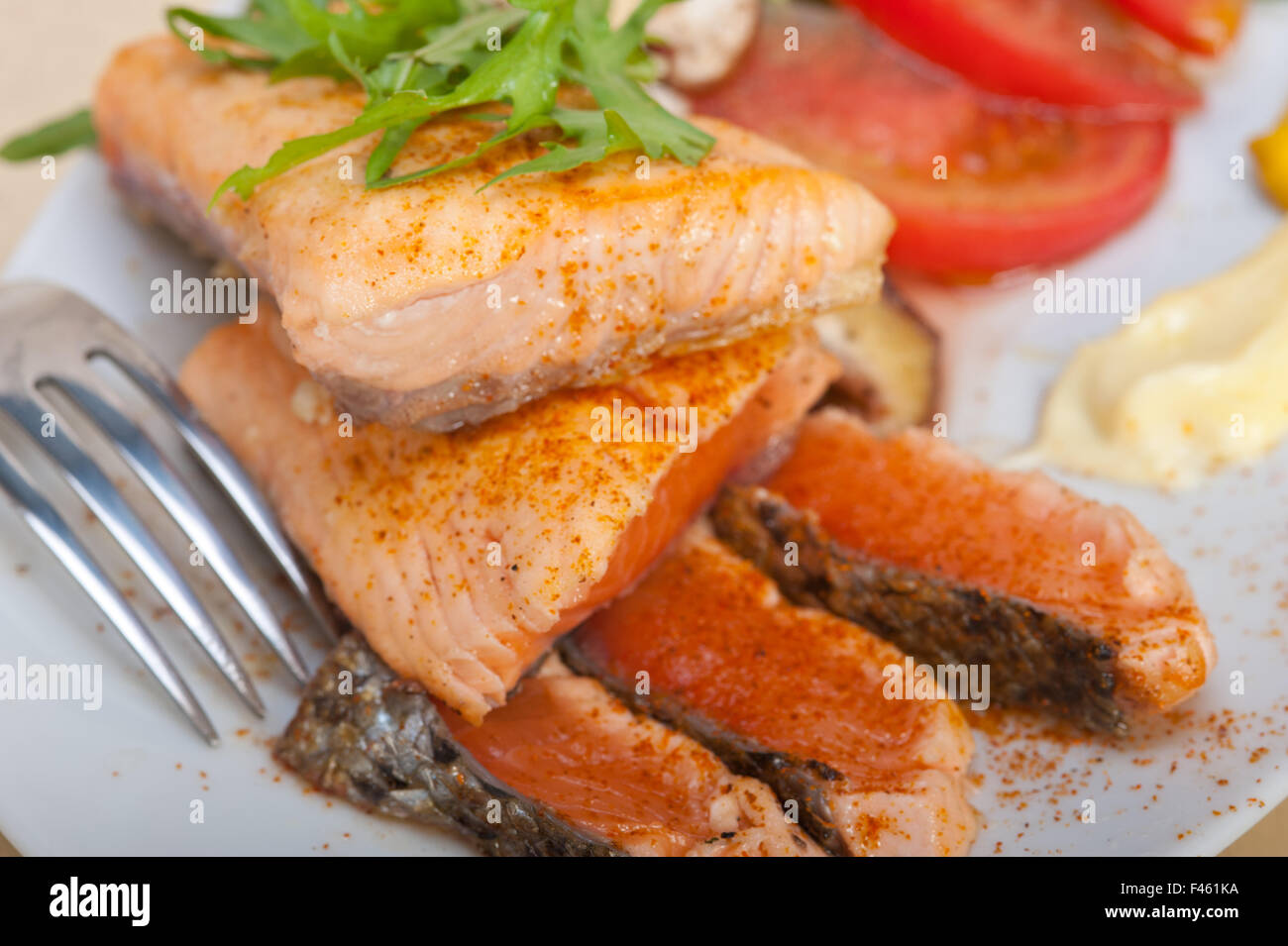 grilled samon filet with vegetables salad Stock Photo - Alamy