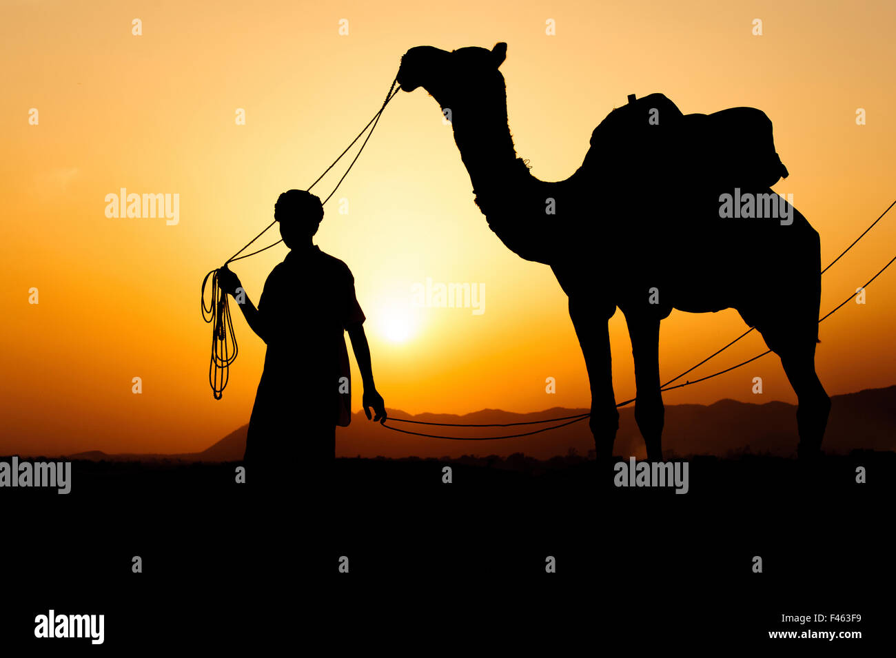 Silhouette of the Camel Trader across the sand dune during sunset at ...