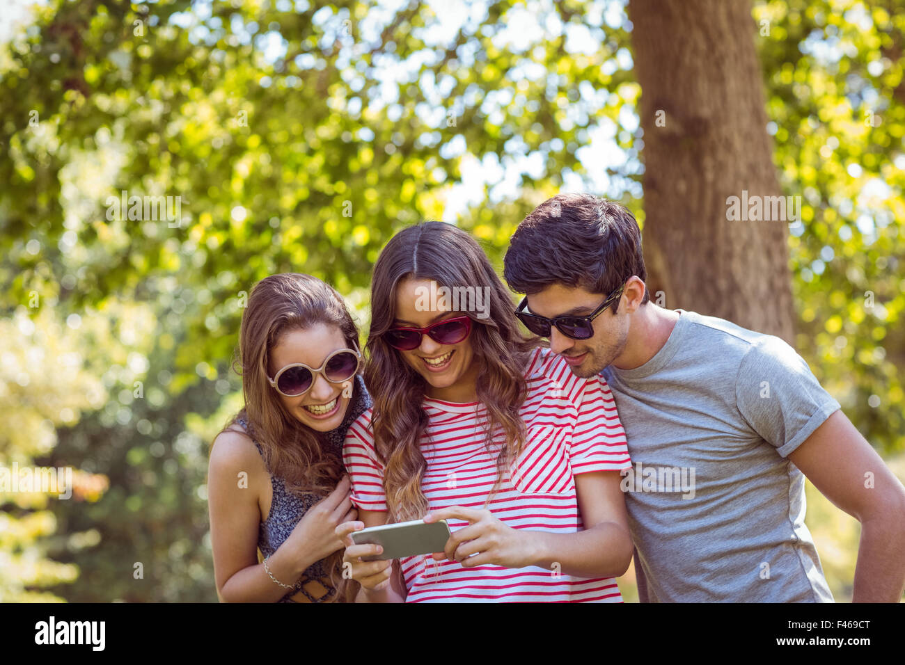 friends looking photos in a park Stock Photo - Alamy
