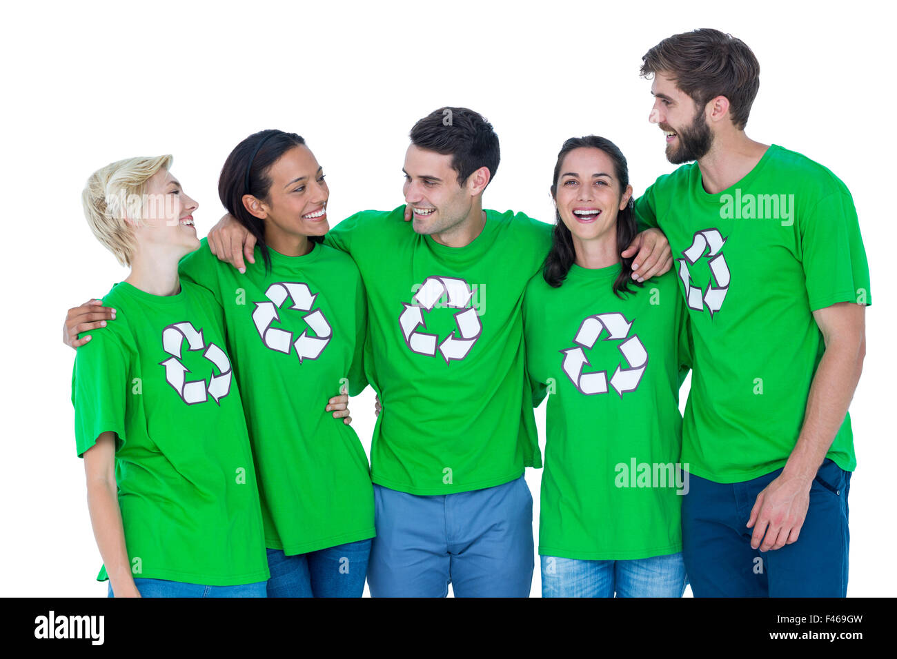 Friends wearing recycling tshirts Stock Photo - Alamy