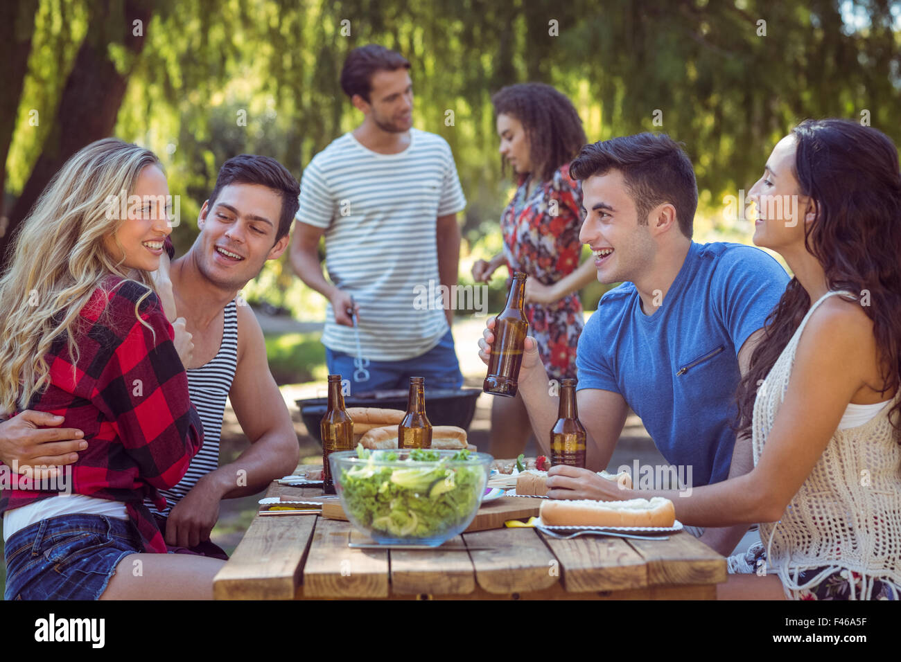 Happy friends in the park having lunch Stock Photo - Alamy