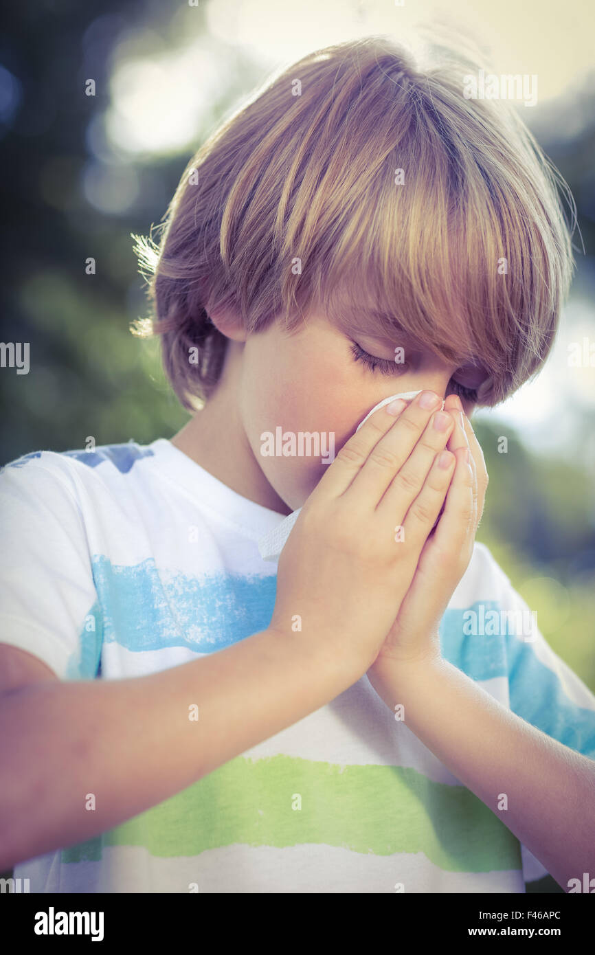Little boy blowing his nose Stock Photo - Alamy