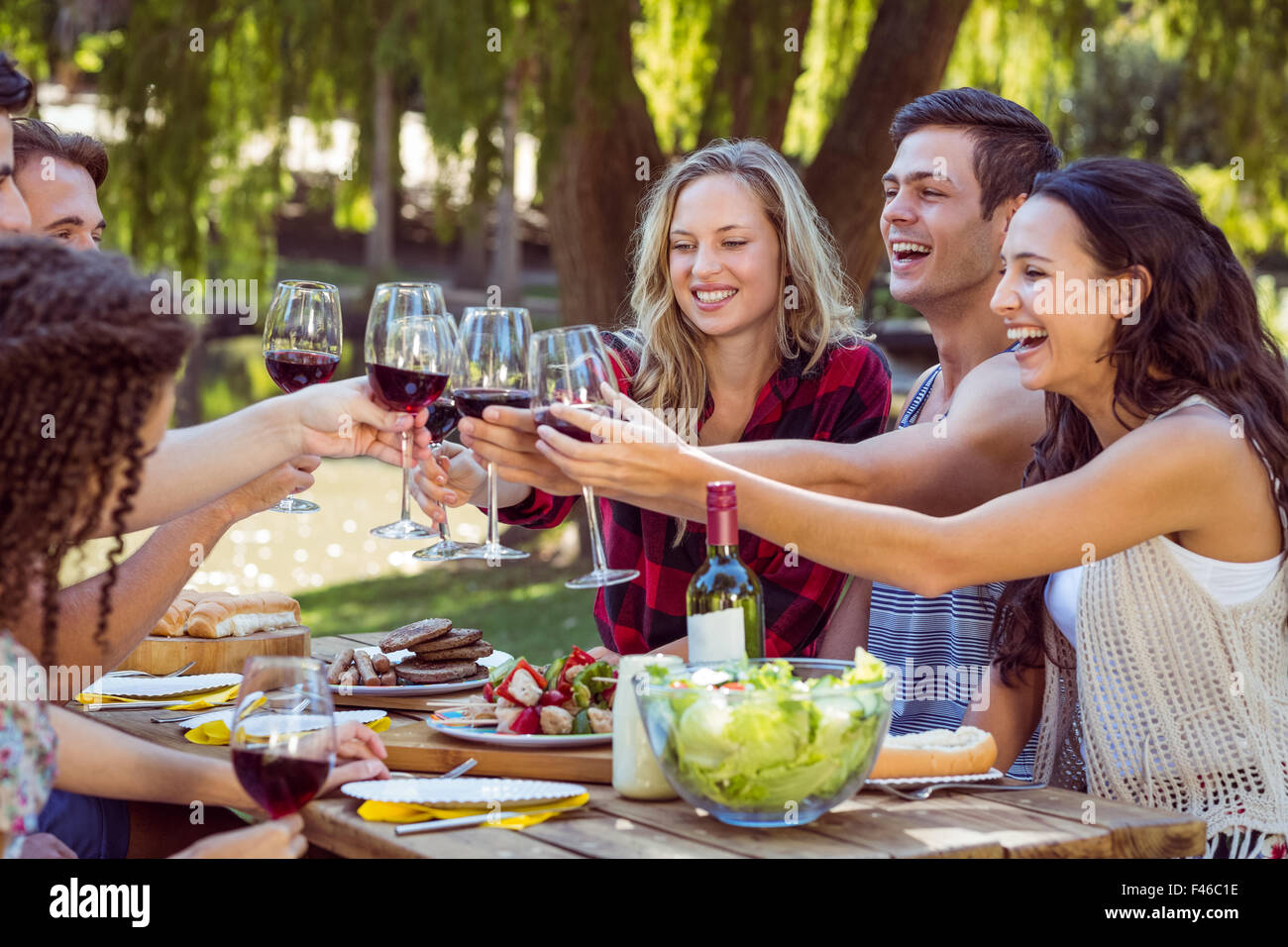 Happy friends in the park having lunch Stock Photo - Alamy