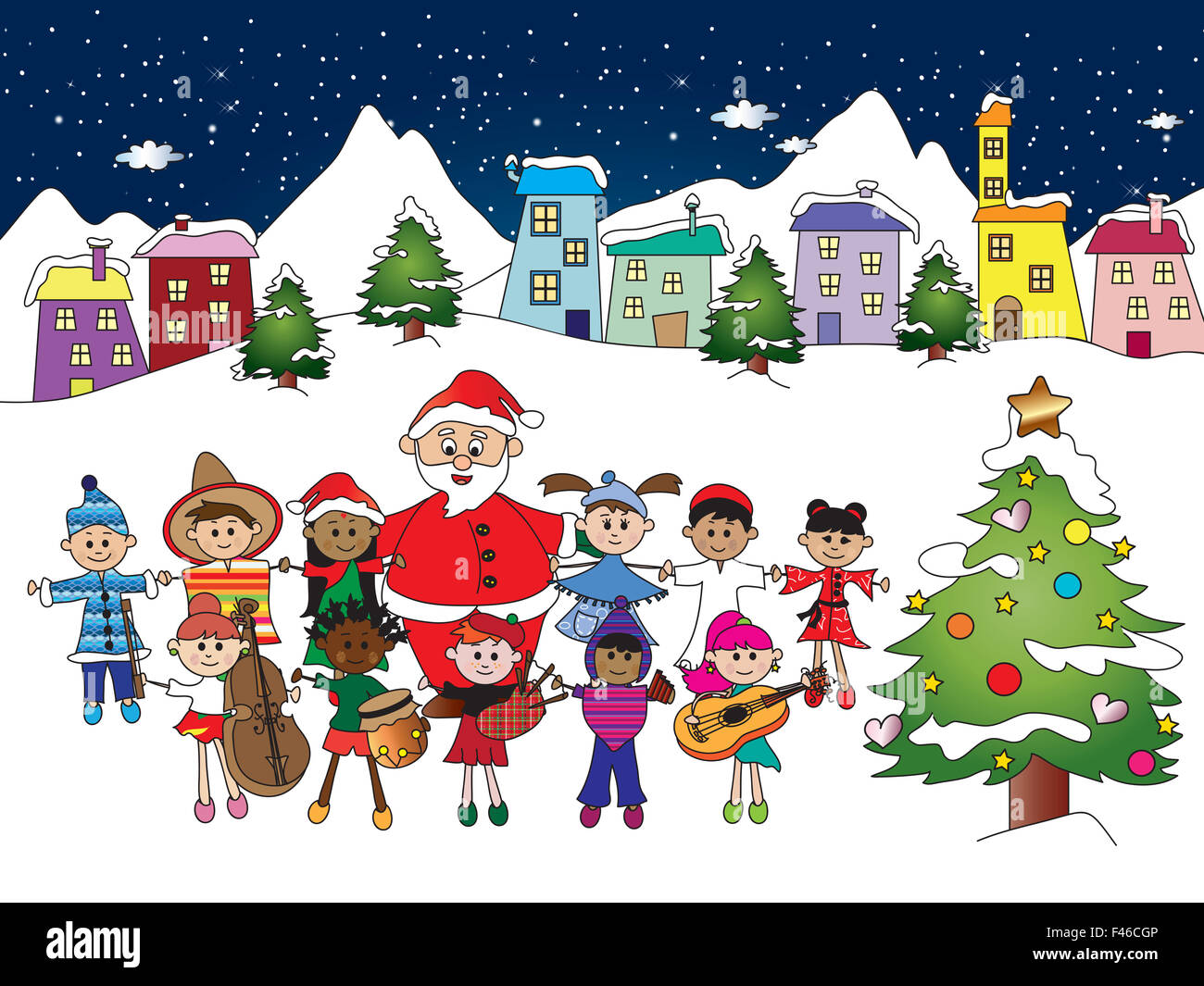 winter landscape with santa claus and happy children Stock Photo - Alamy