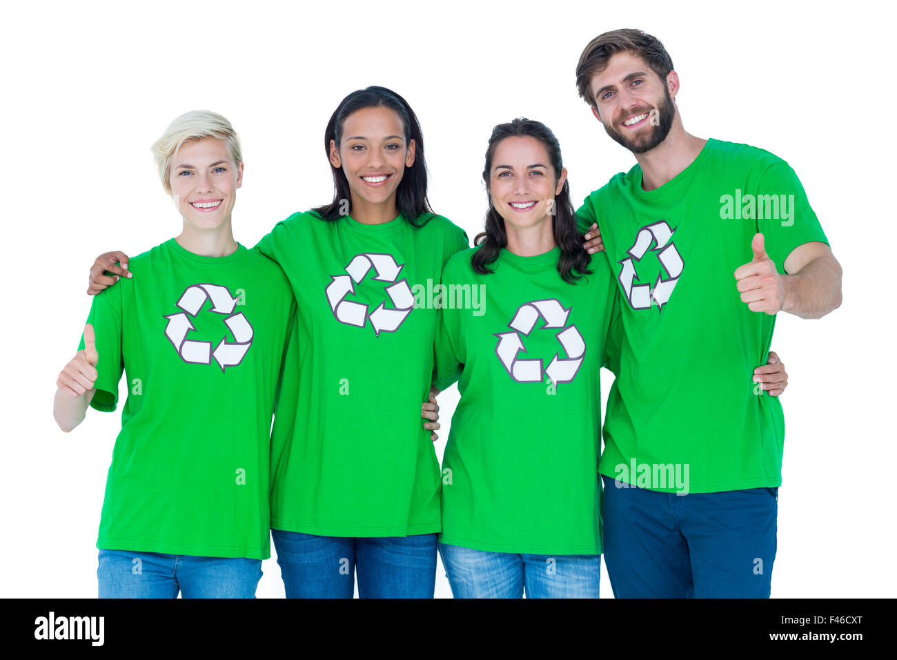 Friends wearing recycling tshirts Stock Photo - Alamy