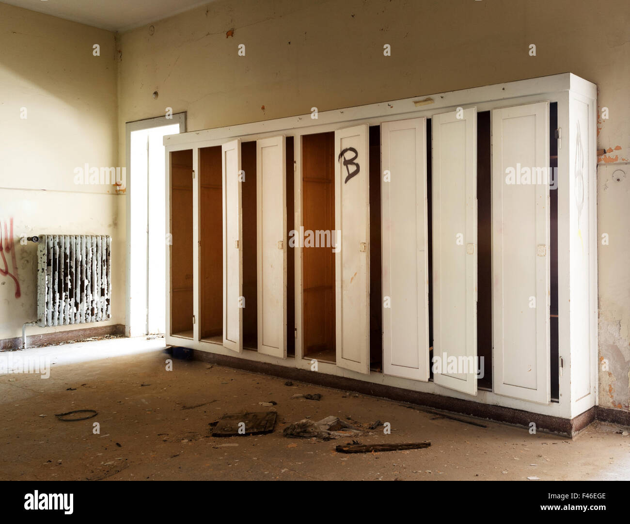 old destroyed building,hall with cabinets Stock Photo - Alamy