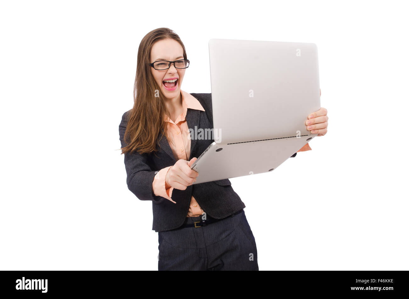 Working lady with laptop isolated on white Stock Photo - Alamy