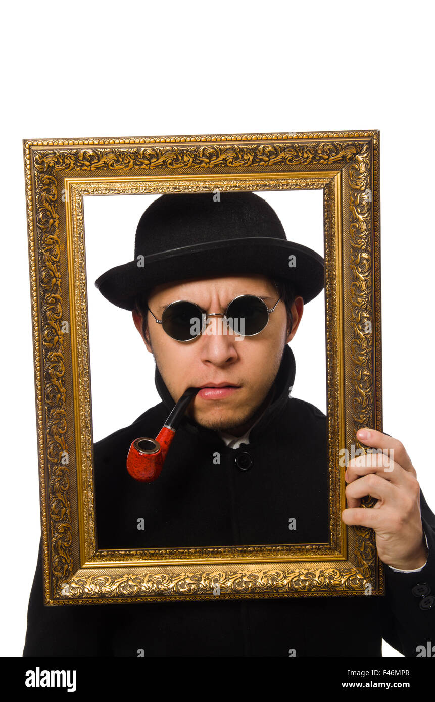 Young man holding frame isolated on white Stock Photo - Alamy