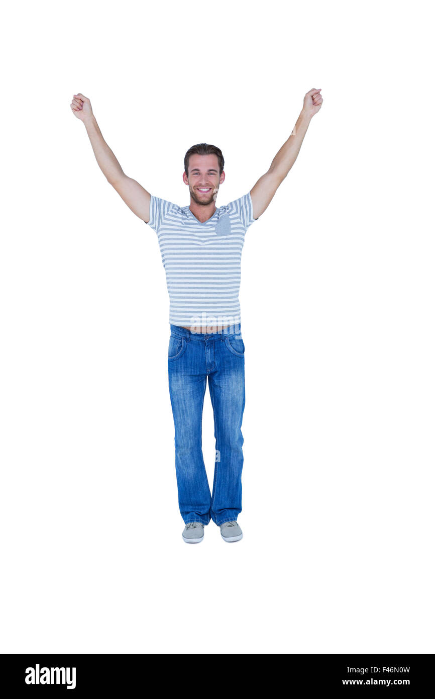 Portrait excited man raising arms hi-res stock photography and images ...