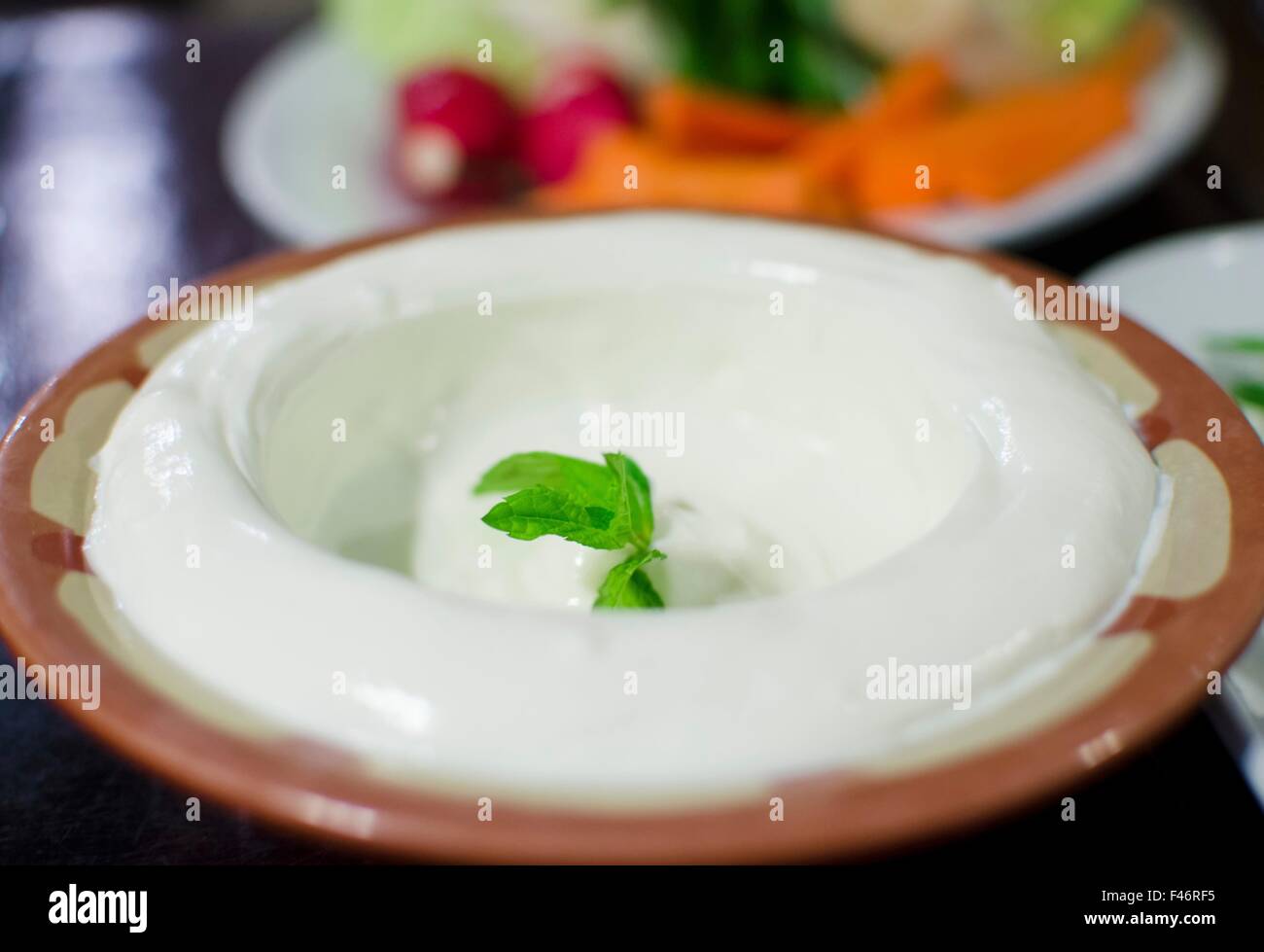 Lebanese food starter, labneh topped with mint leaves. A photo of a ...