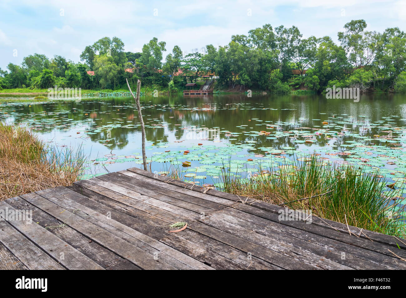 Old wooden platform facing to lake Stock Photo - Alamy