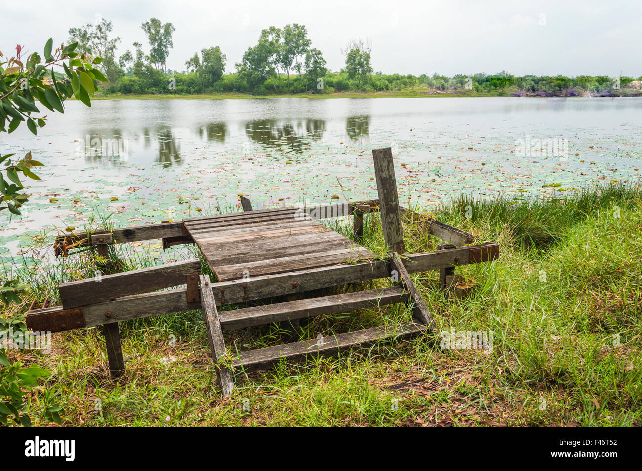 Old wooden platform facing to lake Stock Photo - Alamy