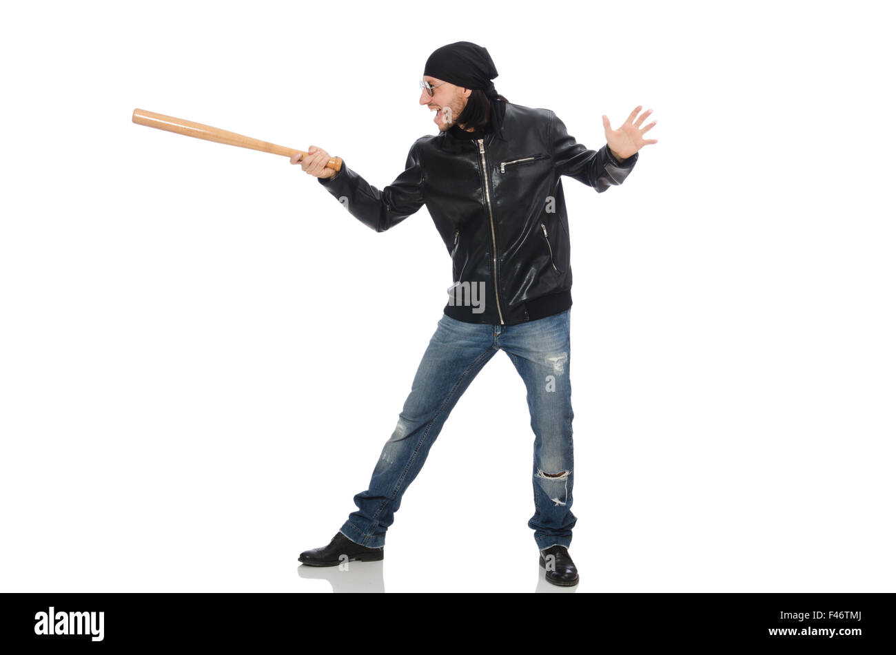 Aggressive man with baseball bat on white Stock Photo - Alamy
