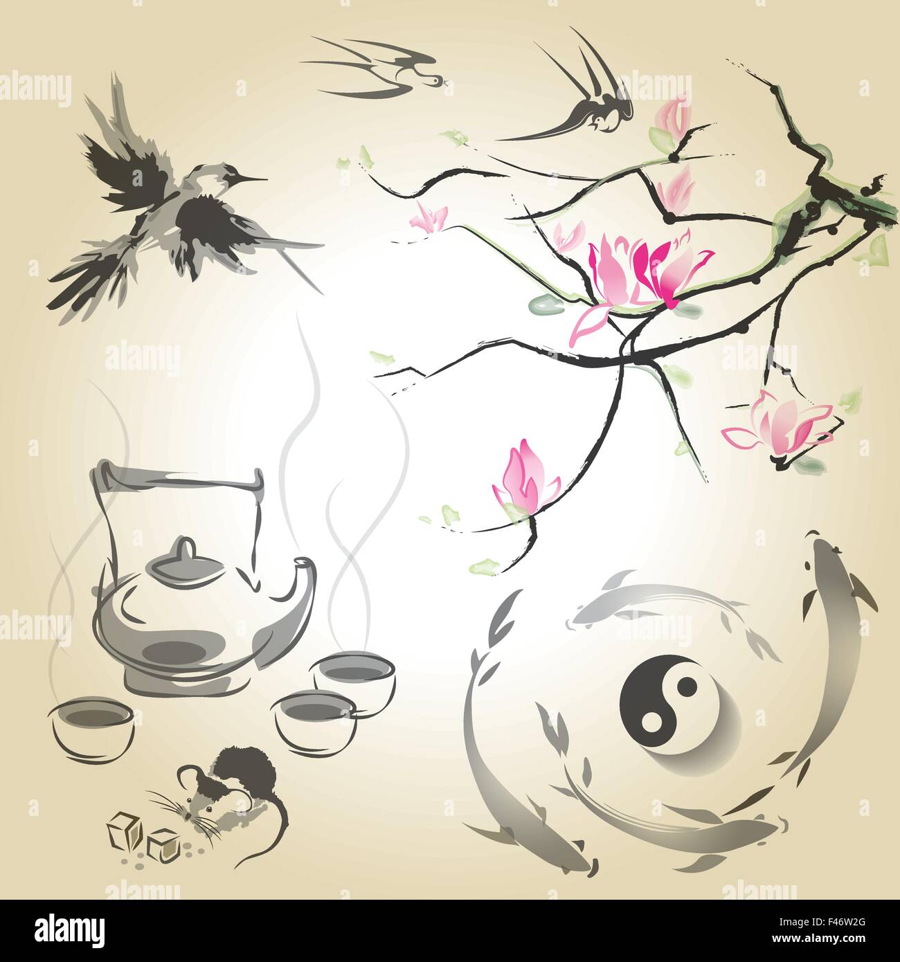 The branch of magnolia in the traditional Japanese style of sumi-e, tea ...