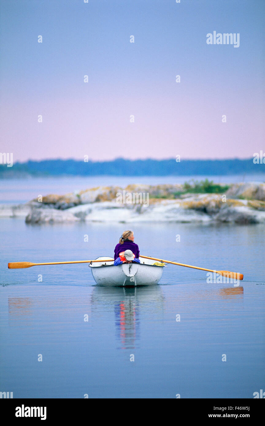Mother and son in a rowing-boat, Stockholm archipelago, Sweden Stock ...