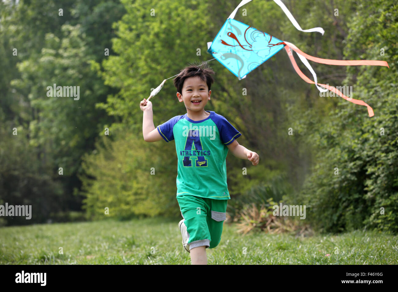 Boy playing kite in field Stock Photo - Alamy