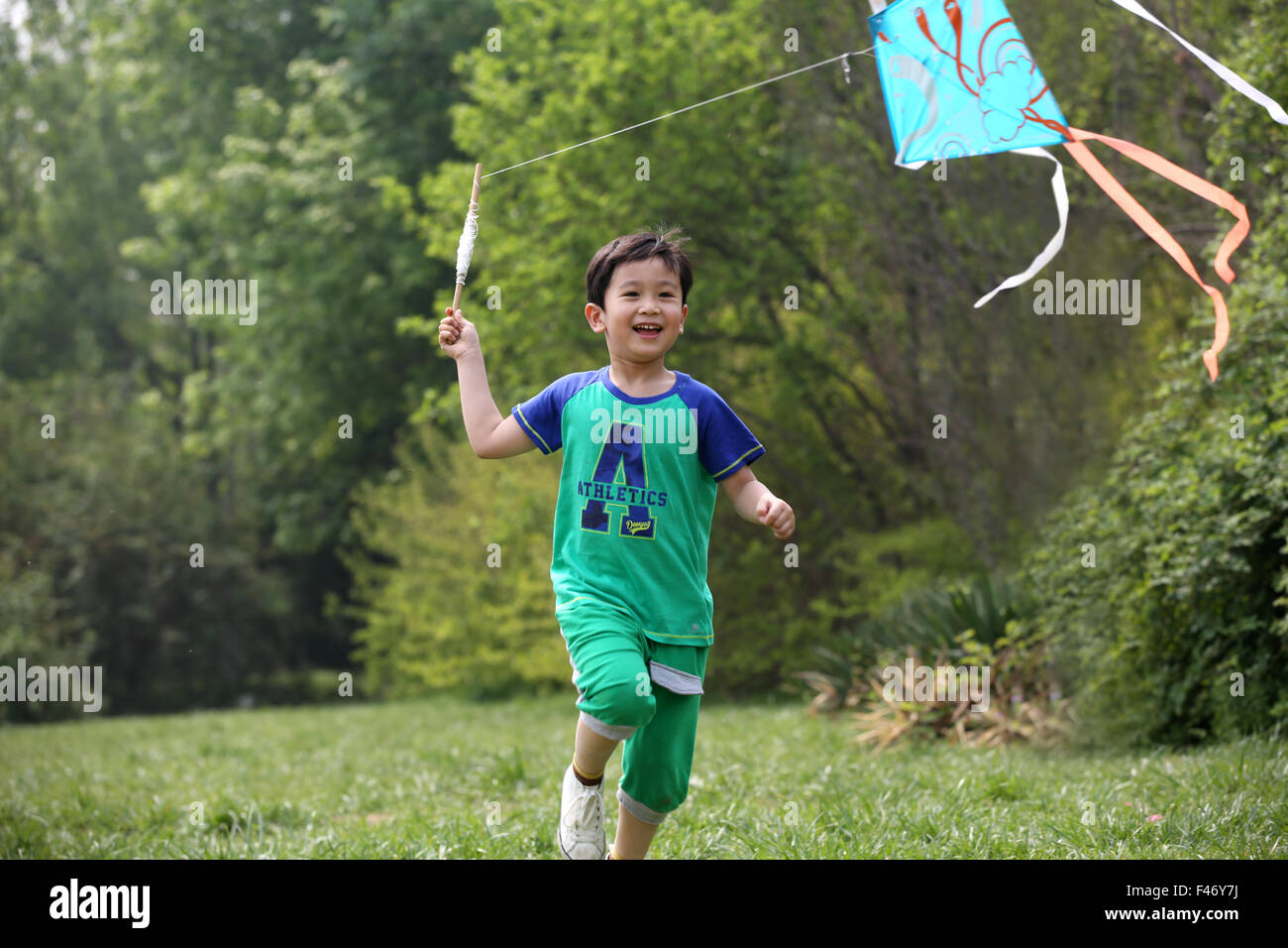 Boy playing kite in field Stock Photo - Alamy