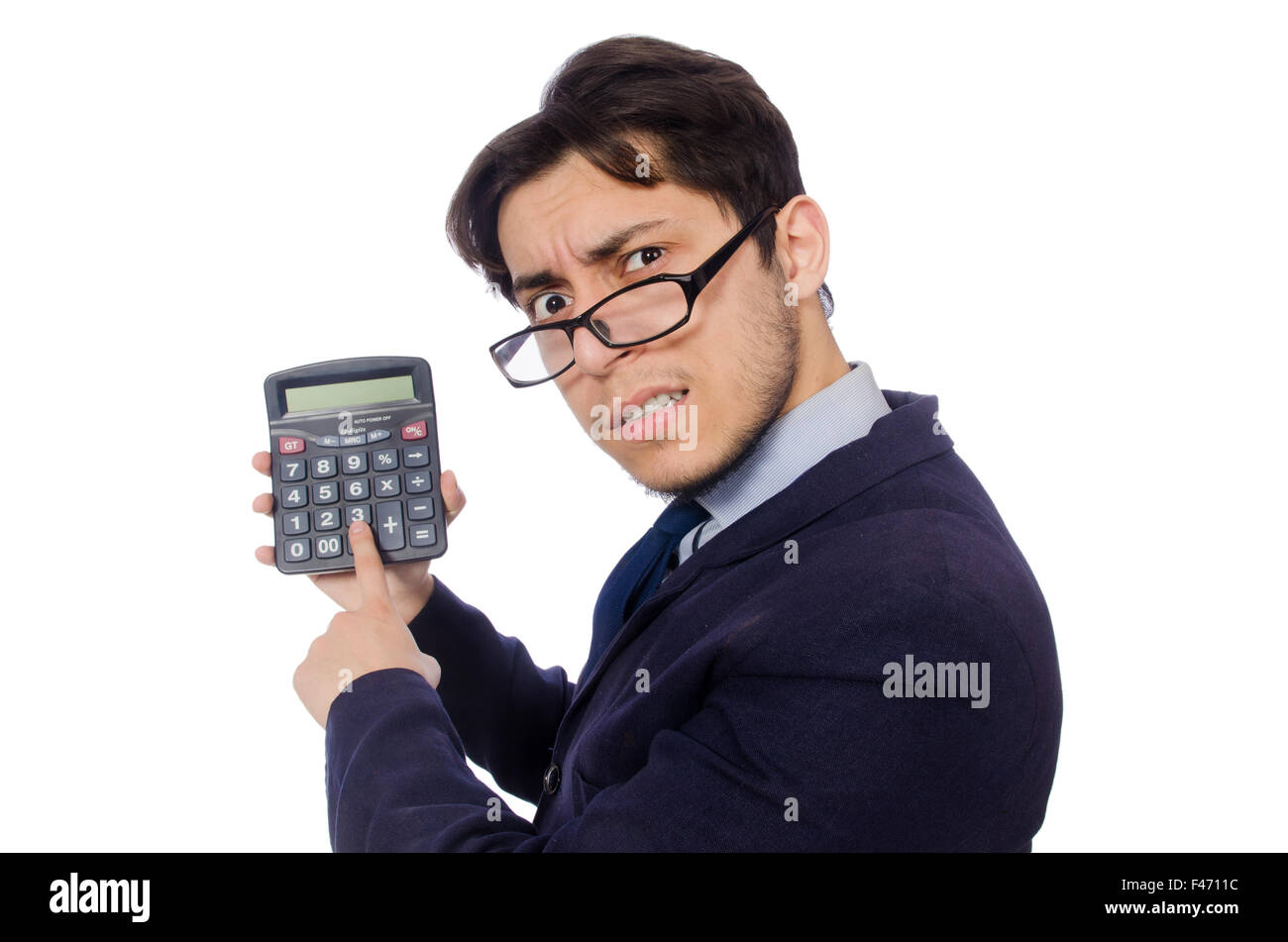 Funny man with calculator isolated on white Stock Photo - Alamy