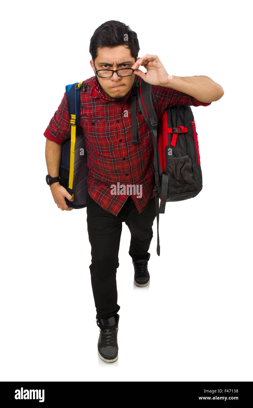 Young man with bags isolated on white Stock Photo - Alamy