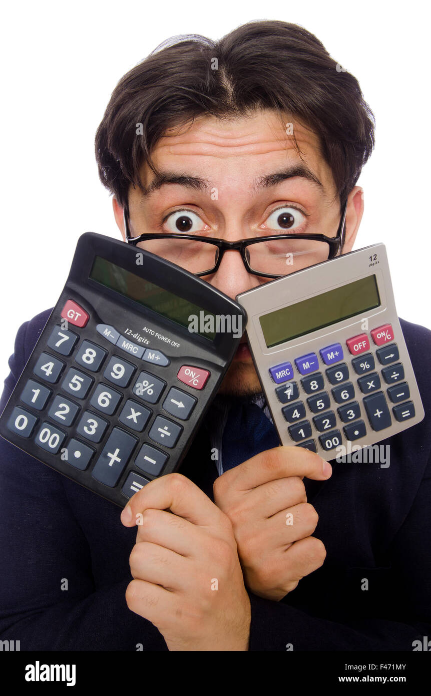 Funny man with calculator isolated on white Stock Photo - Alamy
