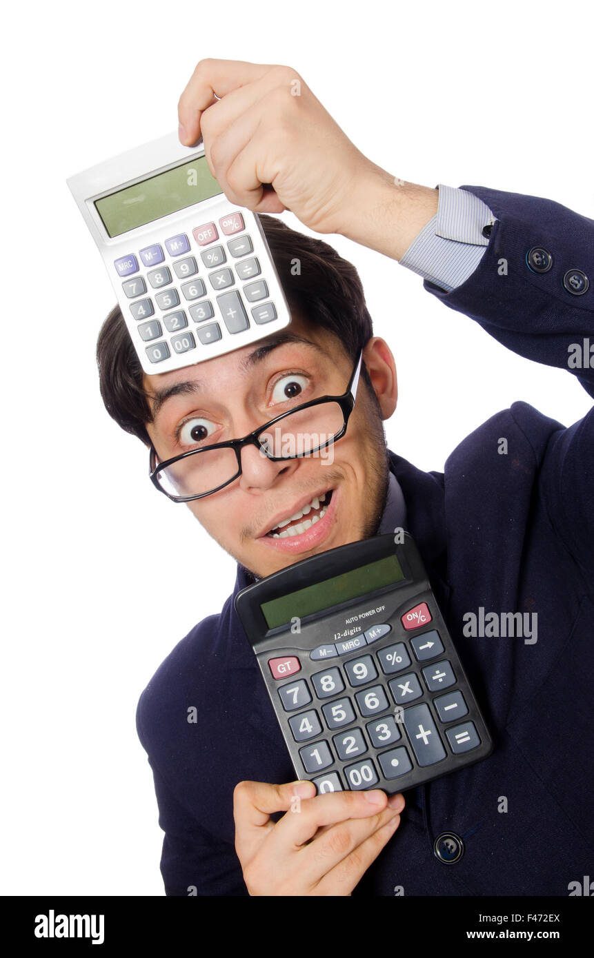 Funny man with calculator isolated on white Stock Photo - Alamy