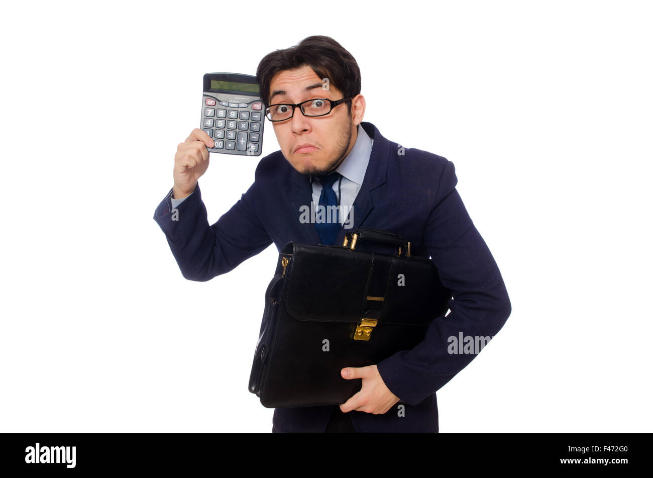 Funny man with calculator isolated on white Stock Photo - Alamy