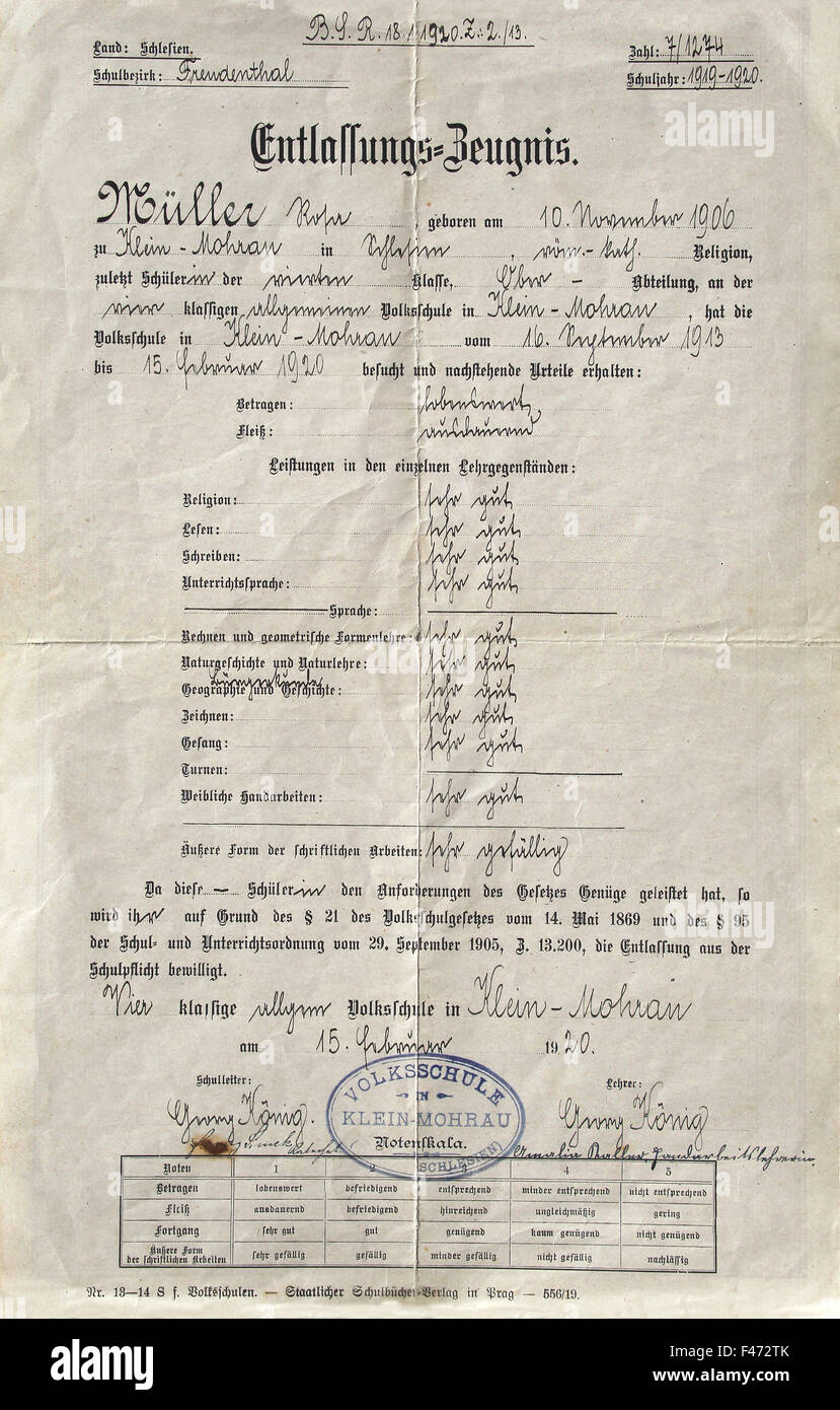 German final school report of a 14 year-old girl, 1920, elementary ...