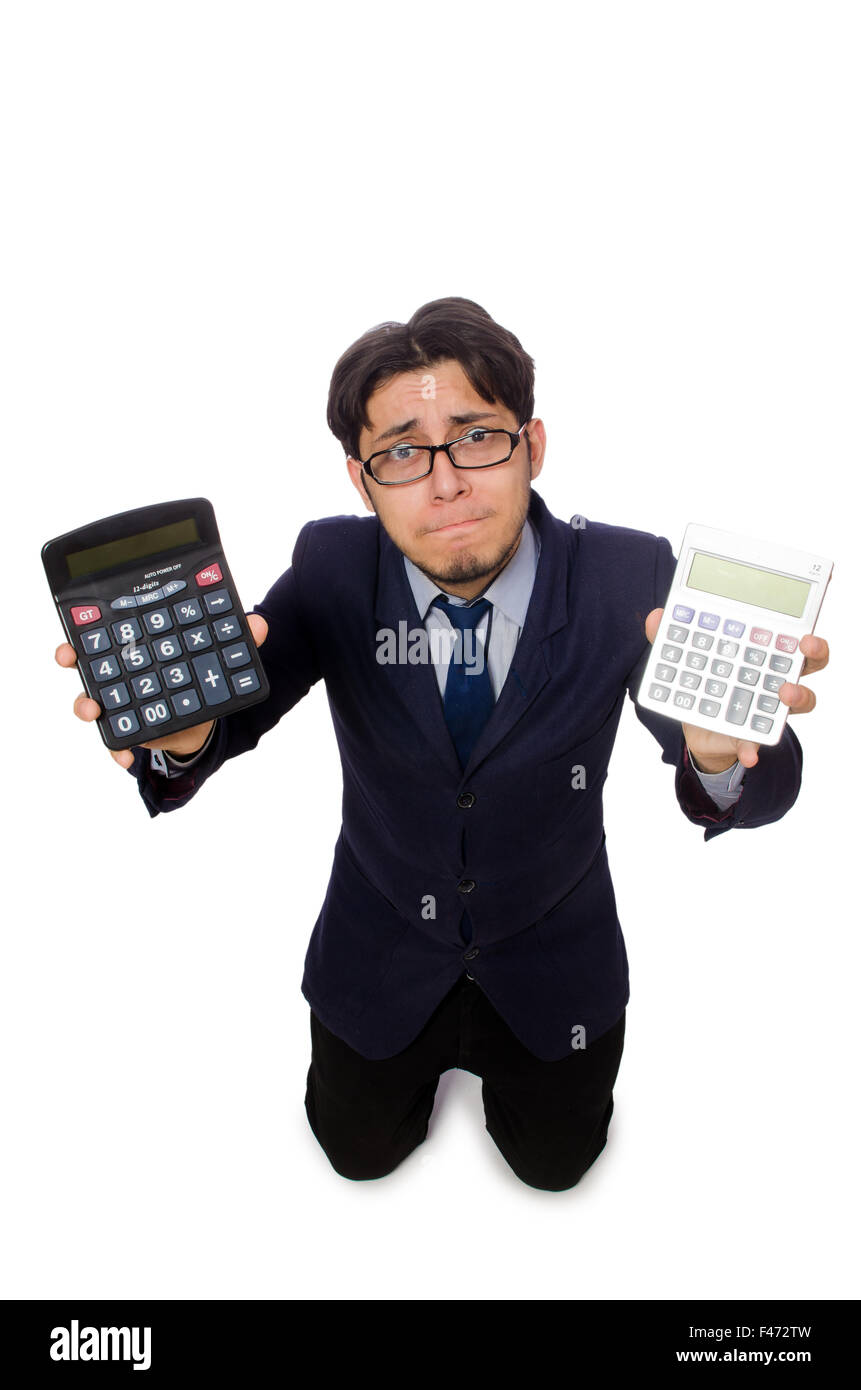 Funny man with calculator isolated on white Stock Photo - Alamy