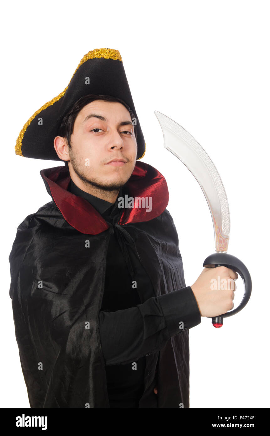 Young pirate holding sword isolated on white Stock Photo - Alamy