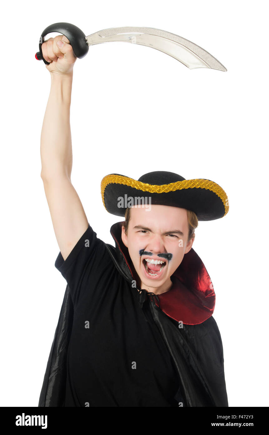 Young pirate holding sword isolated on white Stock Photo - Alamy