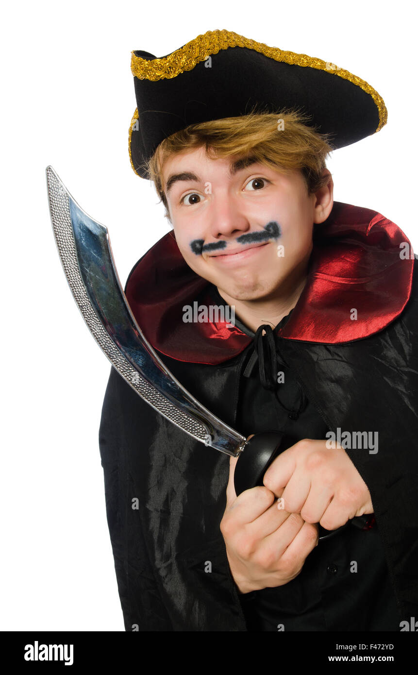 Young pirate holding sword isolated on white Stock Photo - Alamy