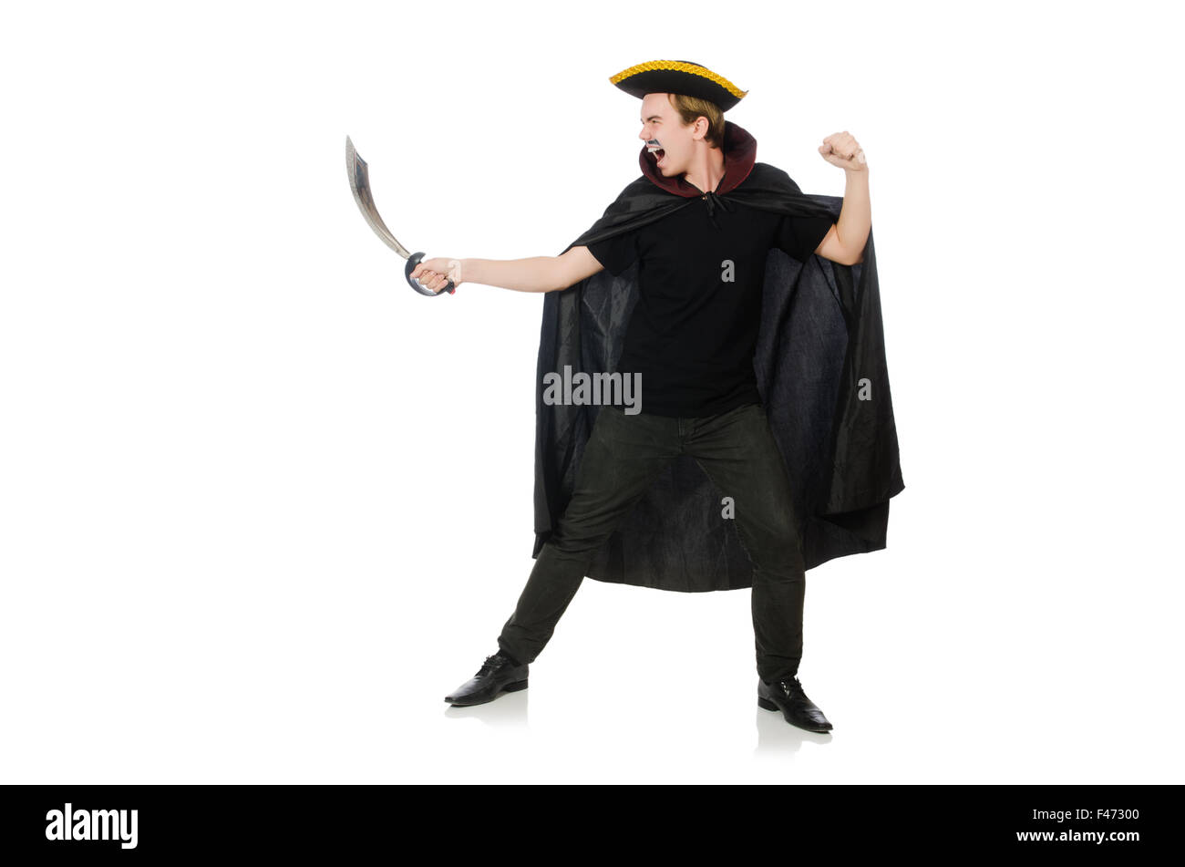Young pirate holding sword isolated on white Stock Photo - Alamy