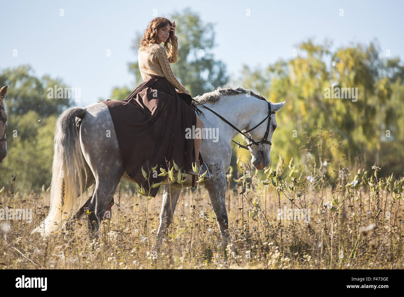 Beautiful girl riding a white horse Stock Photo - Alamy