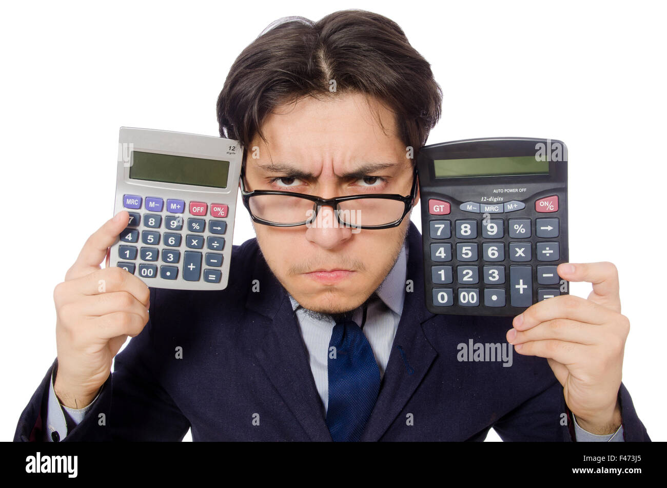 Funny man with calculator isolated on white Stock Photo - Alamy