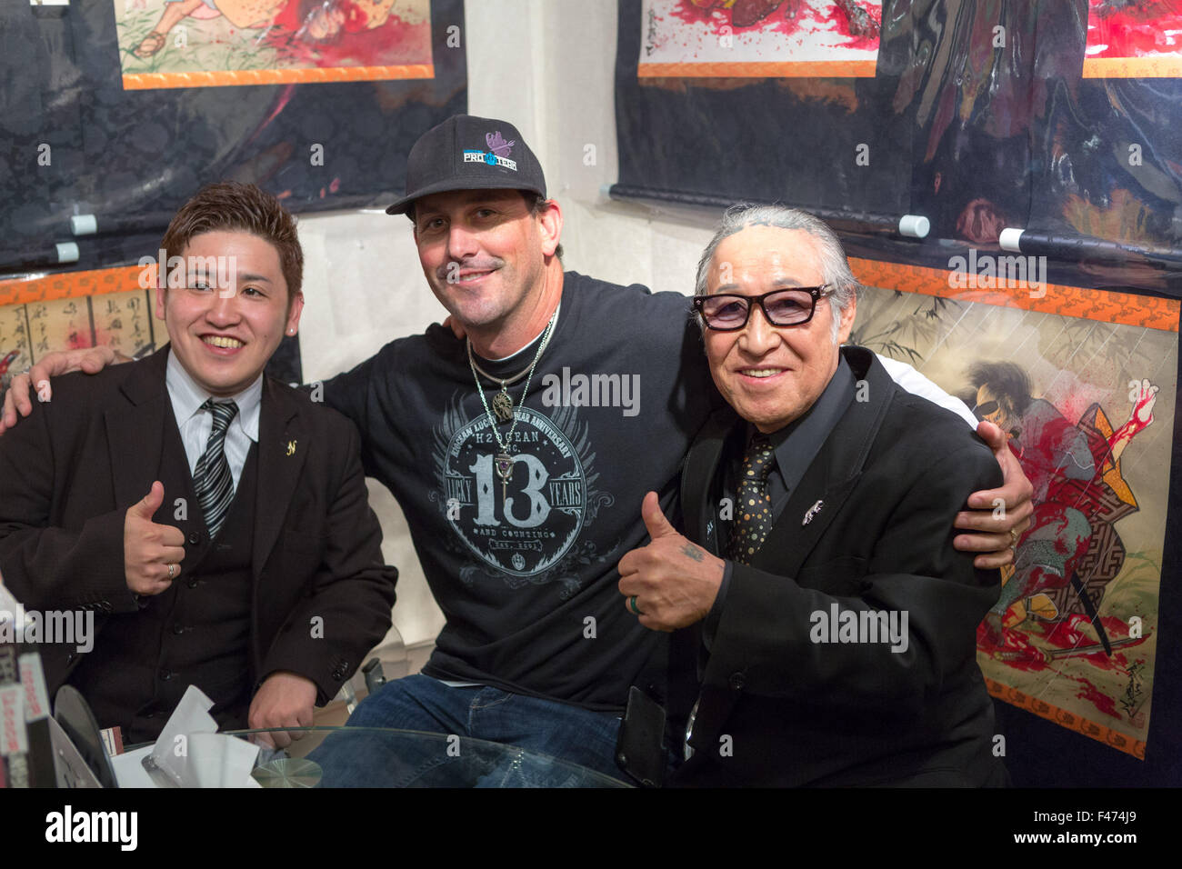 Tokyo, Japan. 14th October, 2015. Horiyoshi tattoo master posing with ...