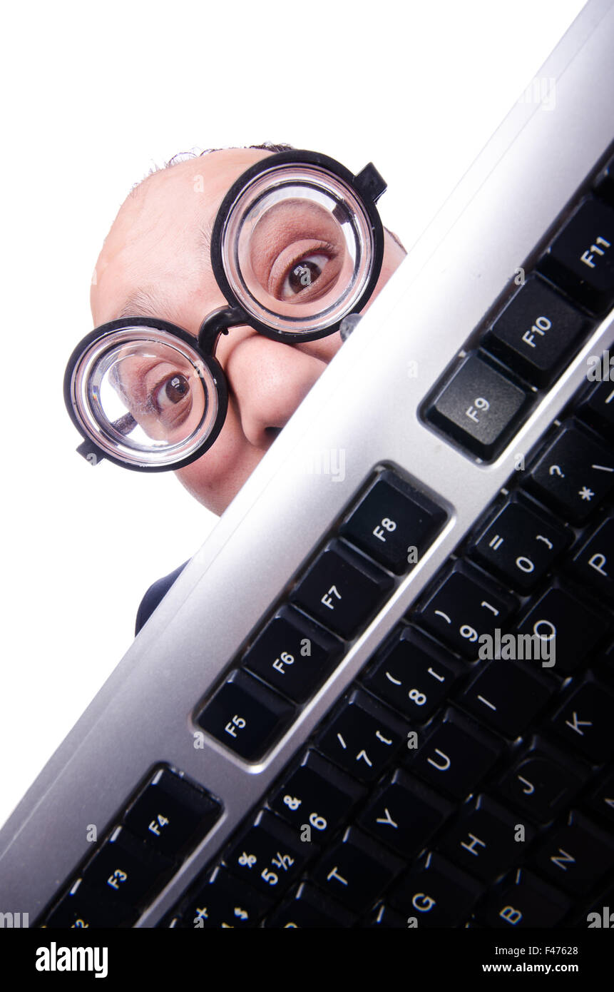 Funny man with keyboard isolated on white Stock Photo - Alamy