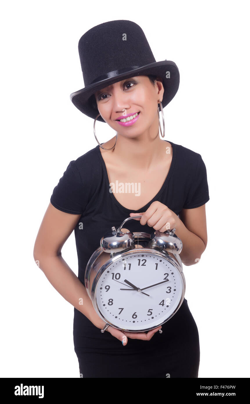 Young woman with clock isolated on white Stock Photo - Alamy