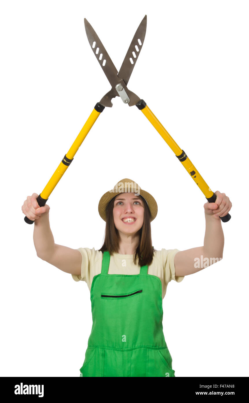 Young woman with shears on white Stock Photo - Alamy
