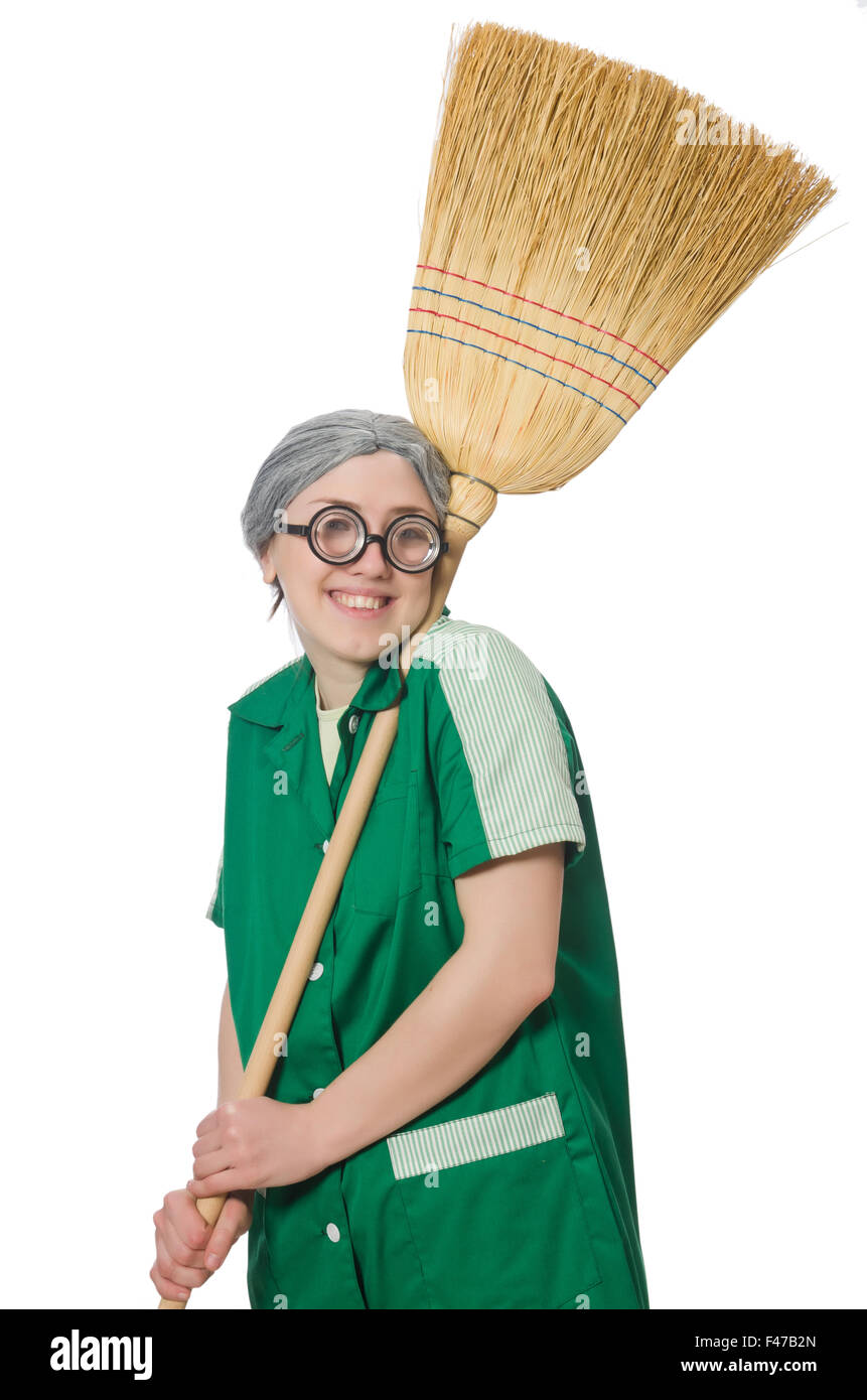 Woman with sweeping brush isolated on white Stock Photo - Alamy