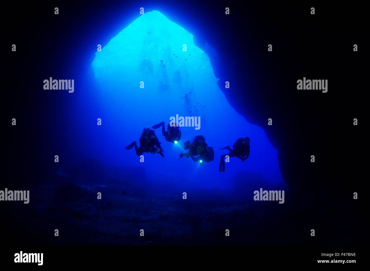 Billinghurst Cave and scuba diver, Gozo, Malta, South Europe ...