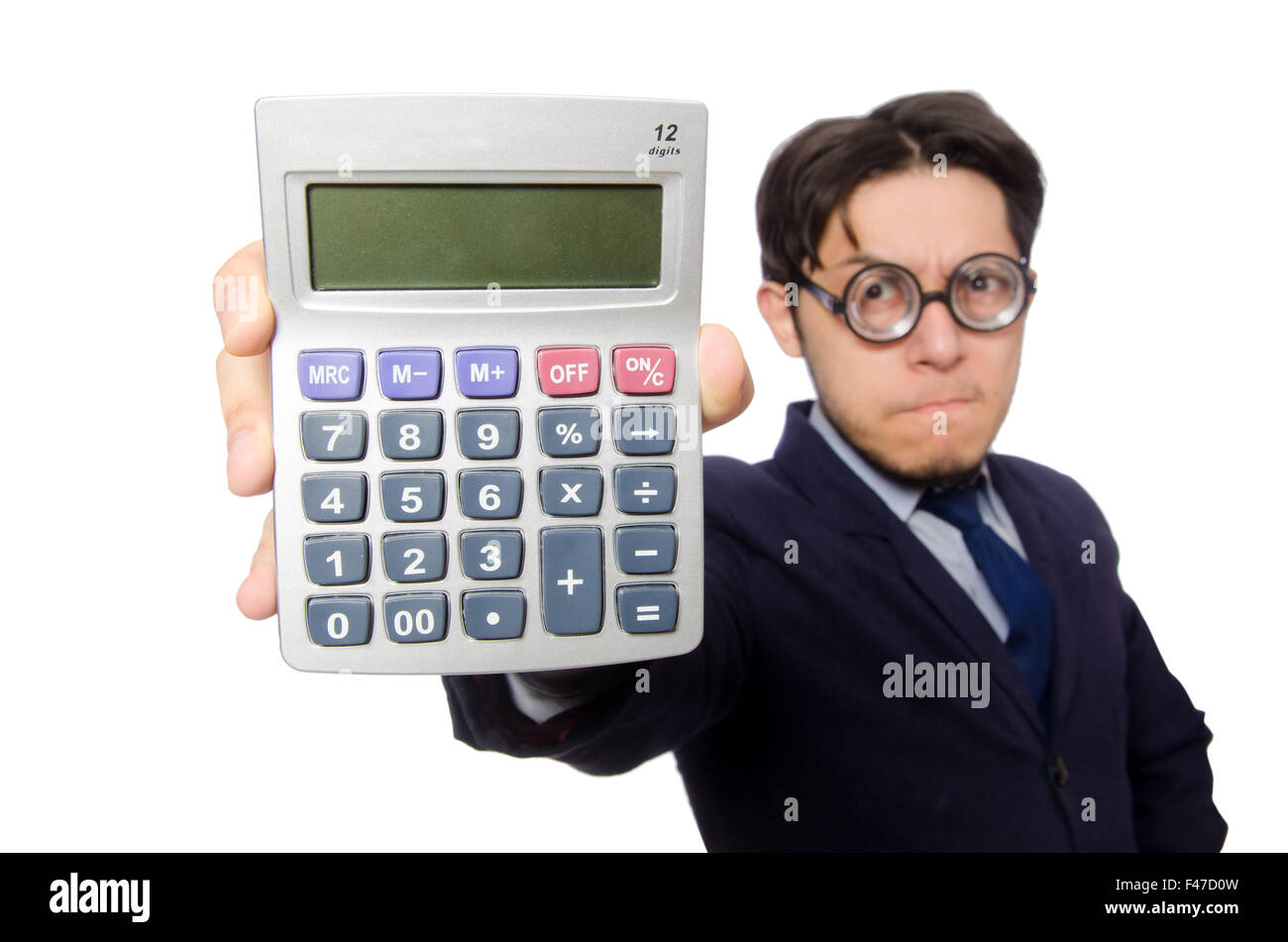 Funny man with calculator isolated on white Stock Photo - Alamy
