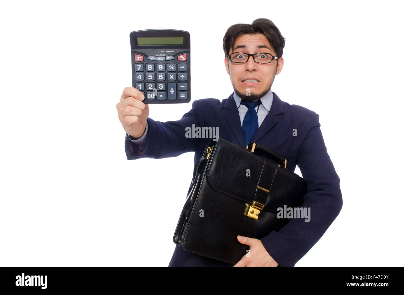 Funny man with calculator isolated on white Stock Photo - Alamy