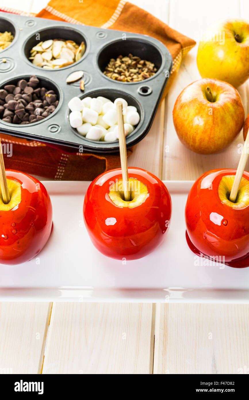 Handmade red candy apples for Halloween Stock Photo - Alamy