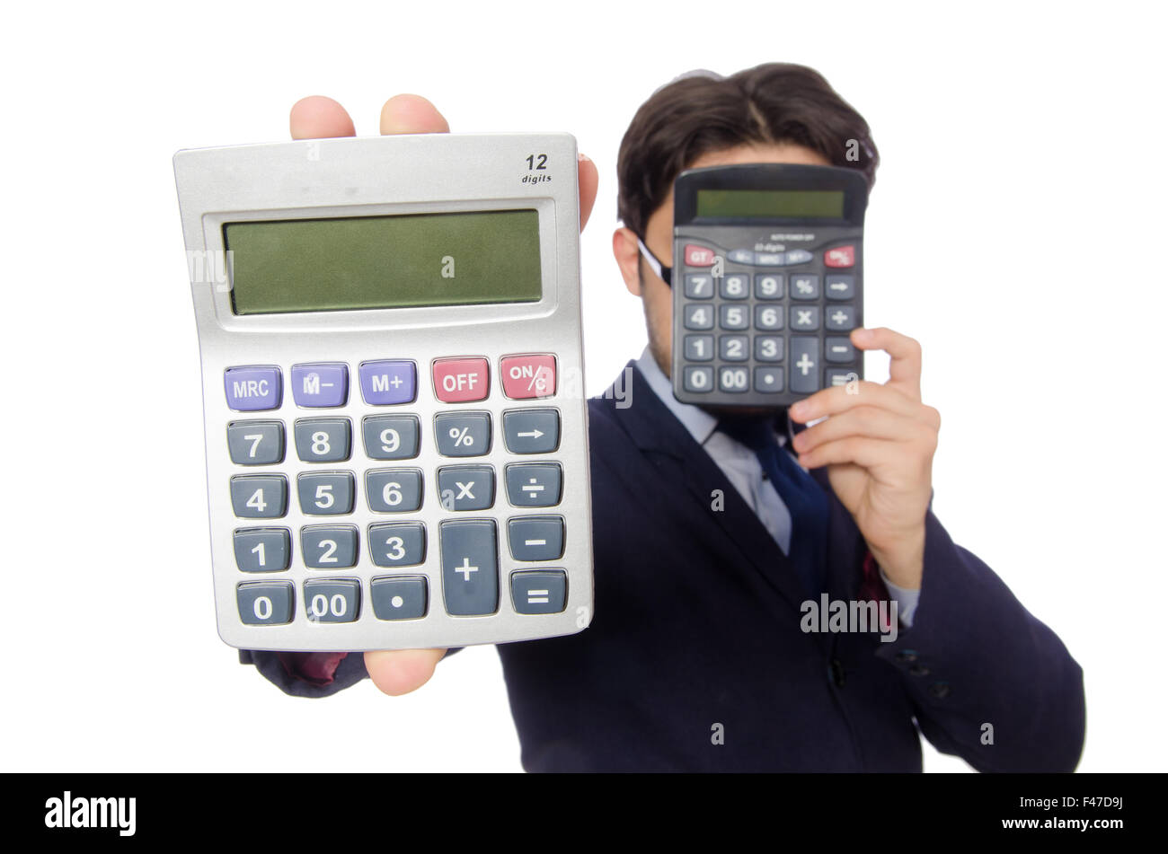 Funny man with calculator isolated on white Stock Photo - Alamy