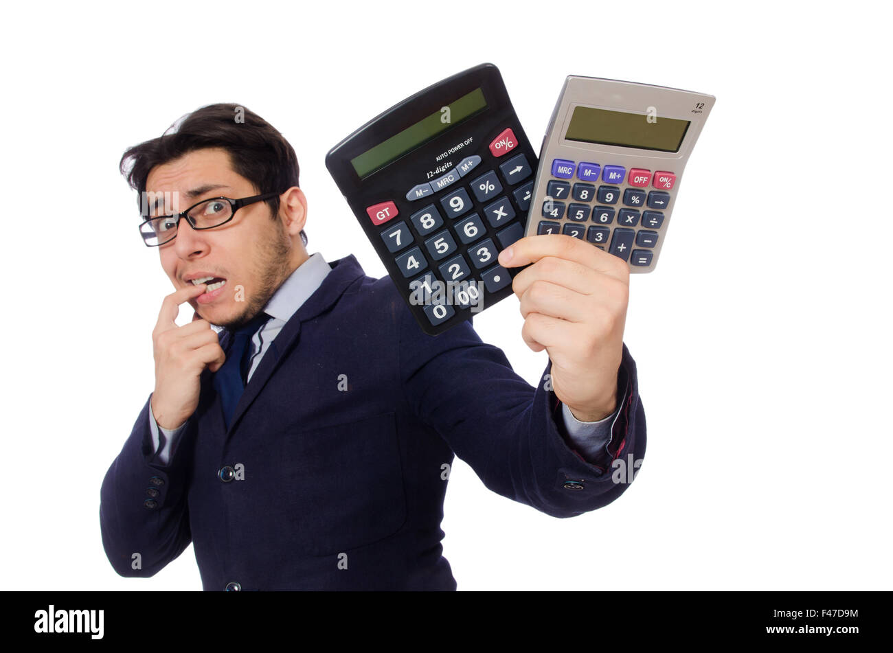Funny man with calculator isolated on white Stock Photo - Alamy