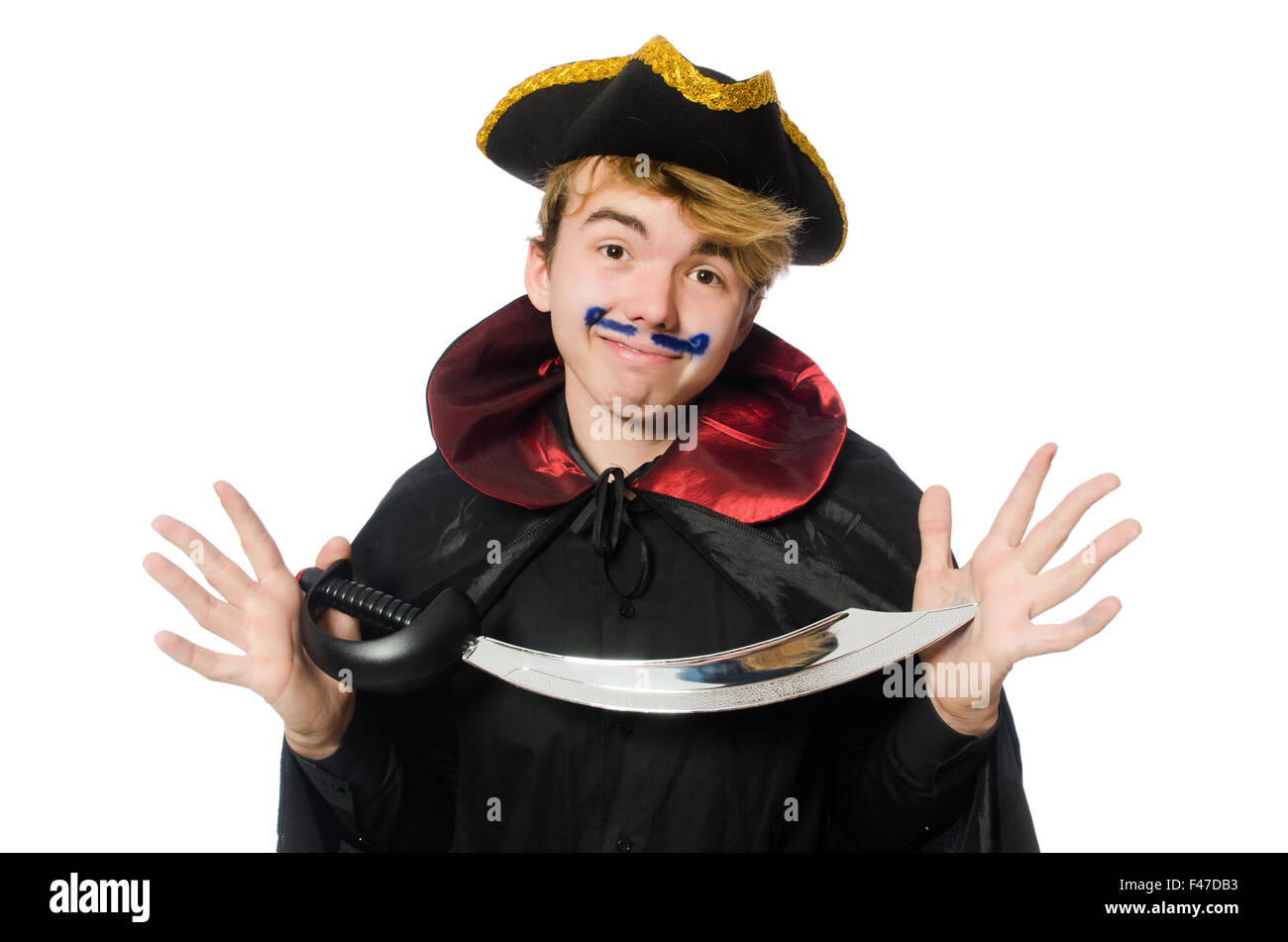 Young pirate holding sword isolated on white Stock Photo - Alamy