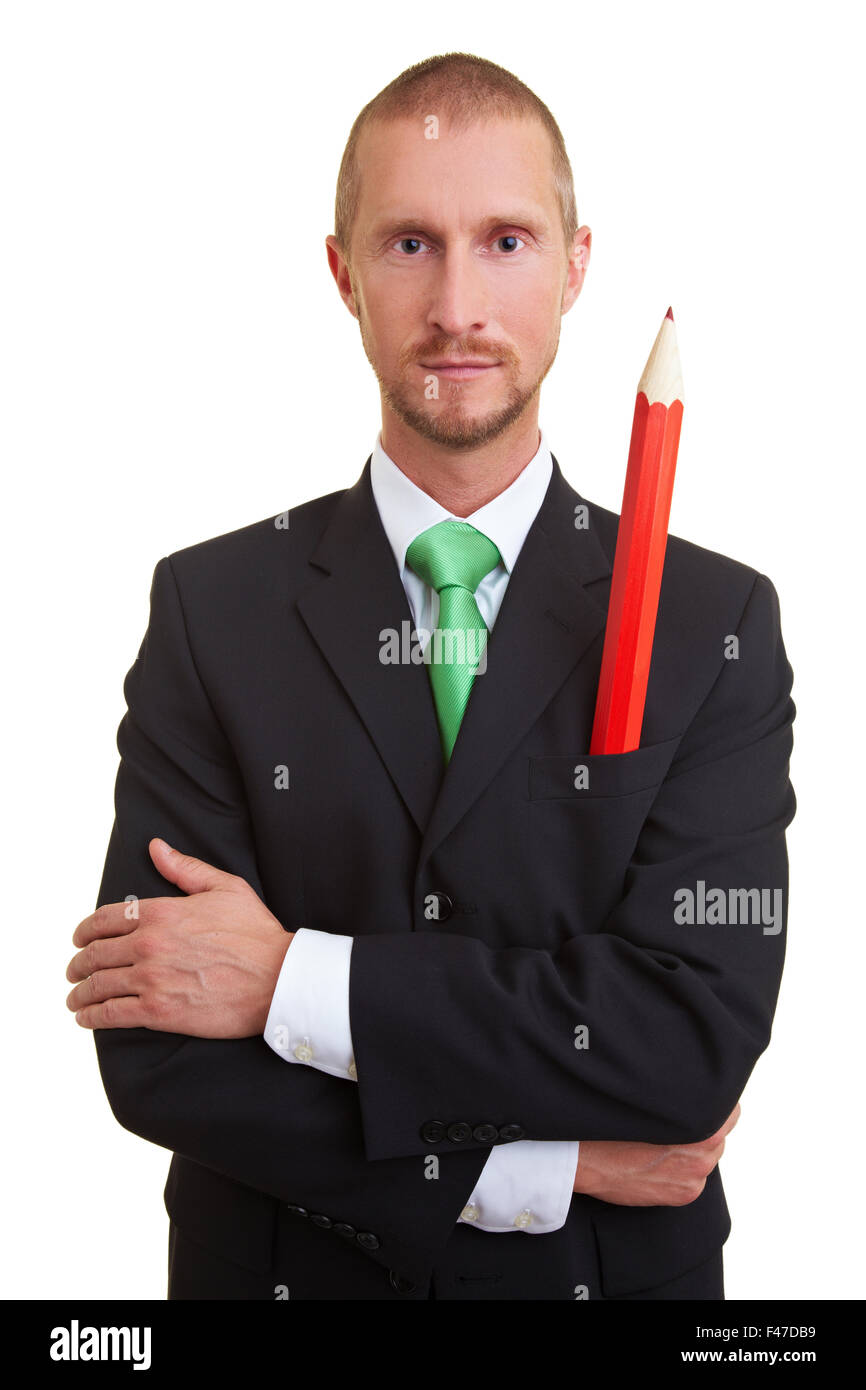 manager with oversized red pencil in pocket Stock Photo - Alamy