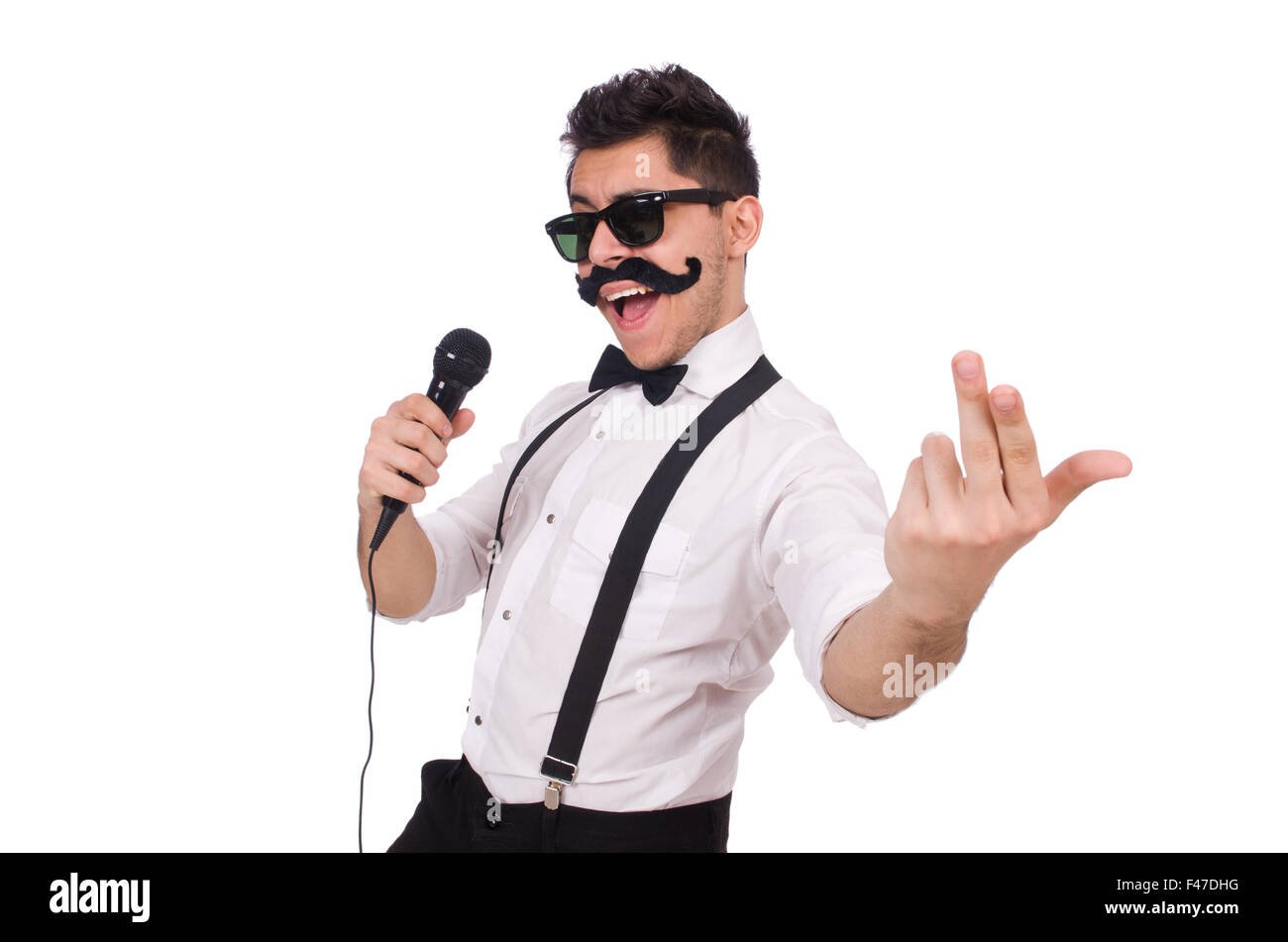 Funny man with mic isolated on white Stock Photo - Alamy