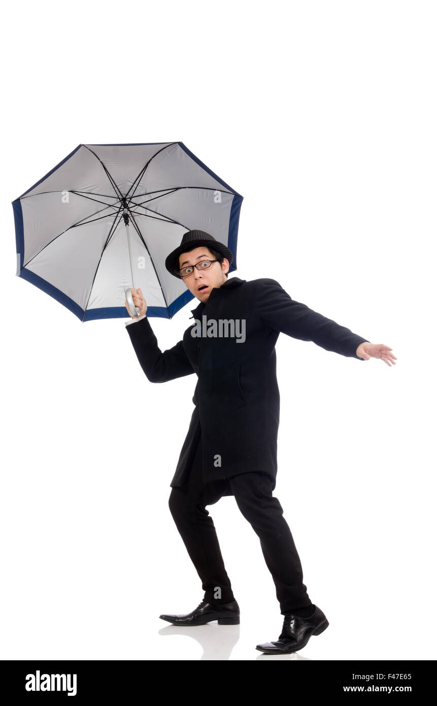 Young man with umbrella isolated on white Stock Photo - Alamy