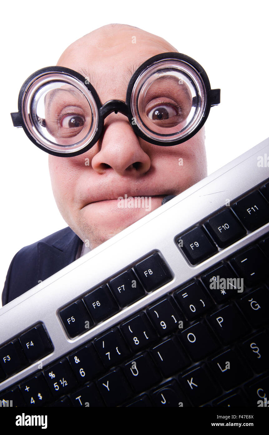 Funny man with keyboard isolated on white Stock Photo - Alamy